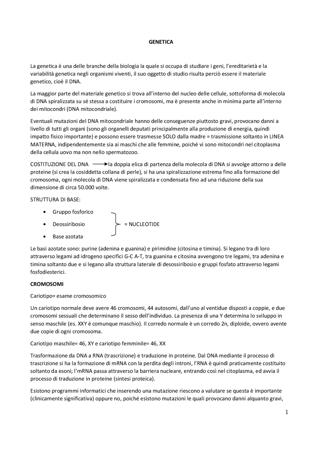 Genetica Primo Anno Infermieristica Docsity