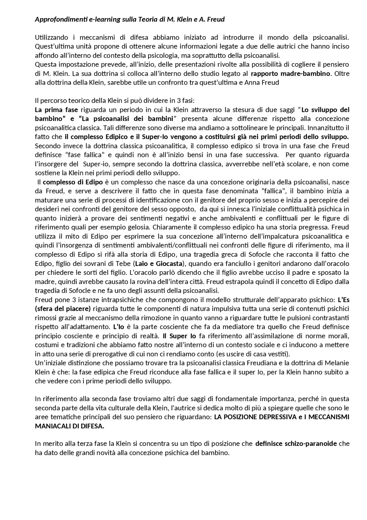 Approfondimenti Teorie Klein Freud Docsity