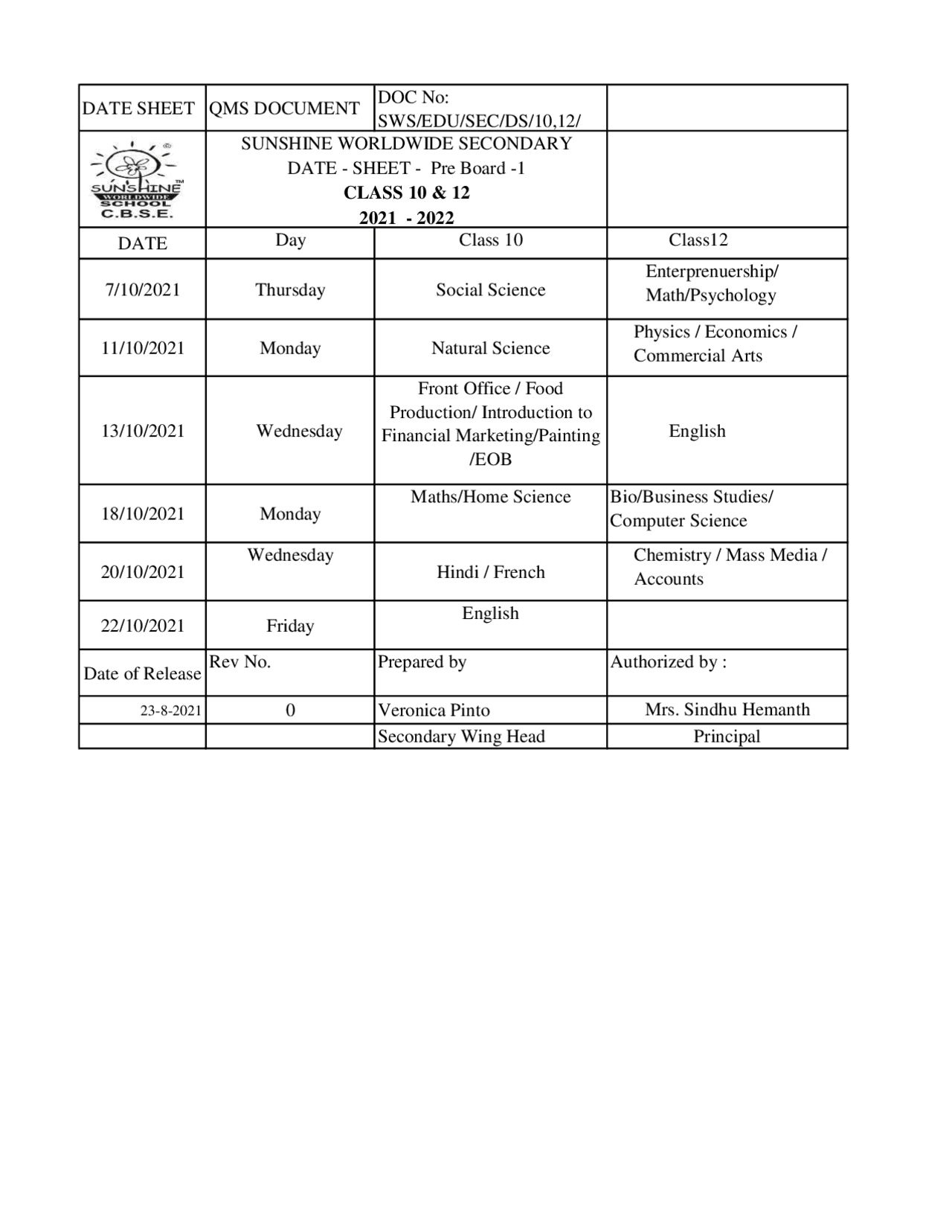 Date sheet for class 10 and class 12 - Docsity