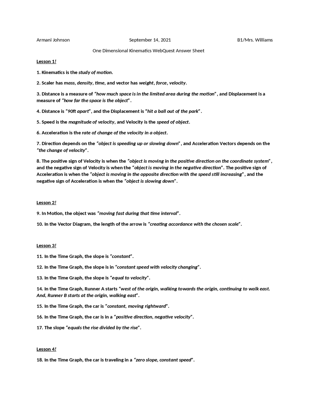 Physics Kinematics Webquest Docsity