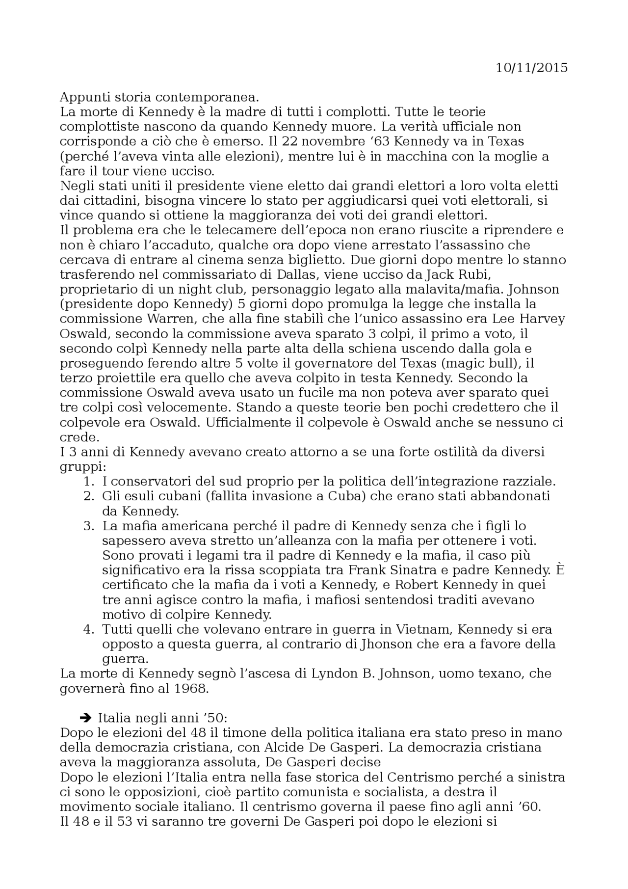 Morte Kennedy Storia Contemporanea Docsity