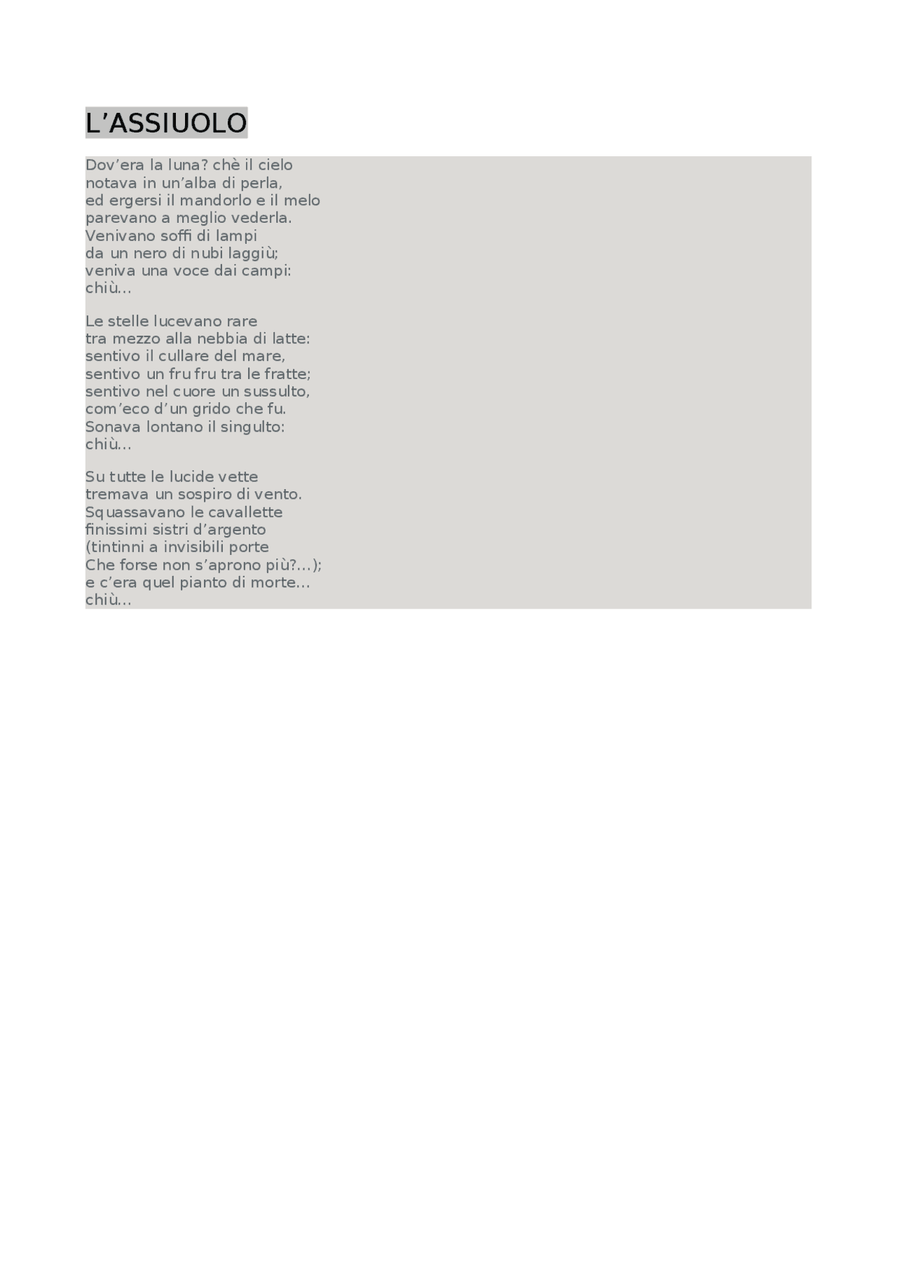 Analisi del testo, assiuolo - Docsity