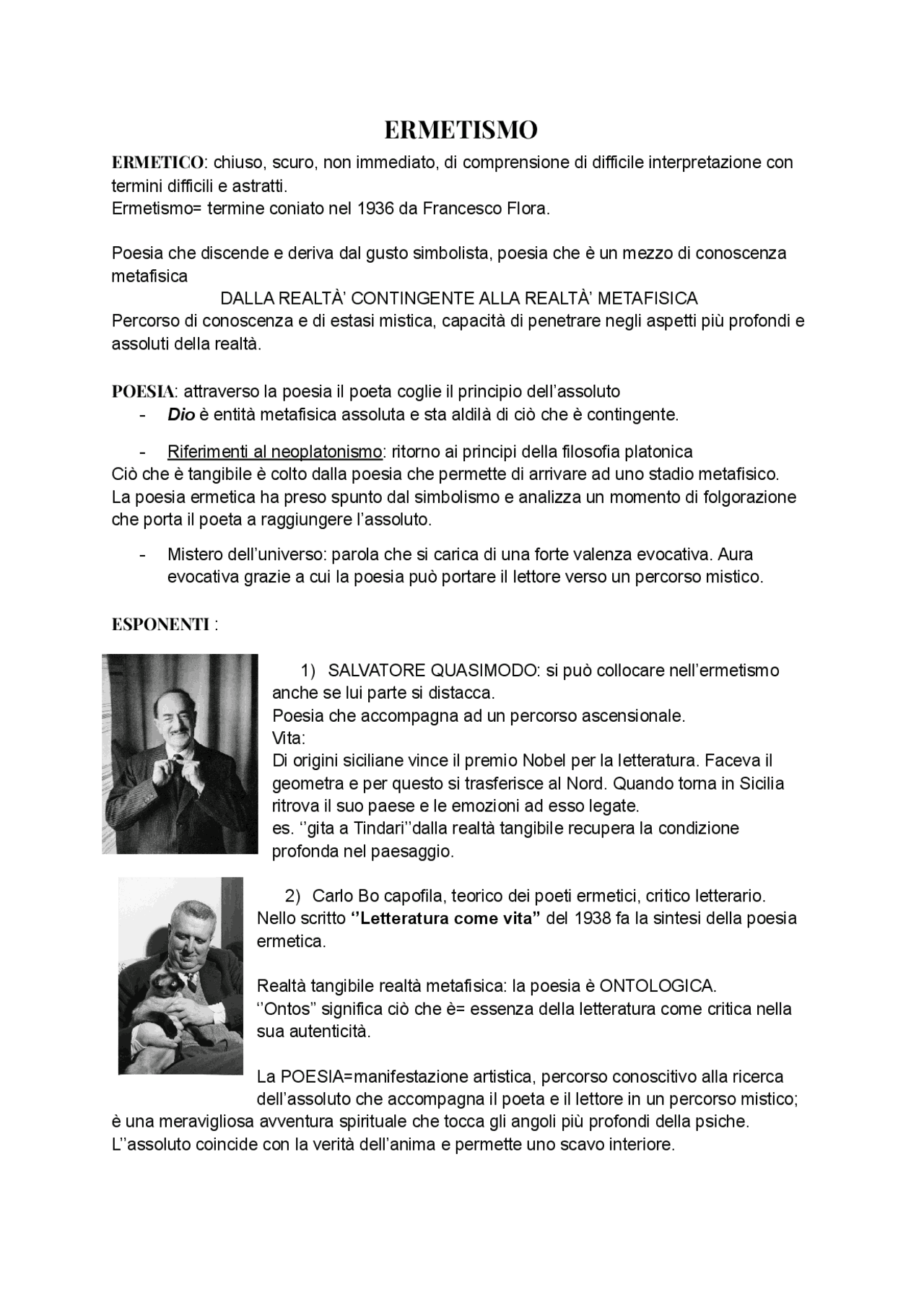 Riassunto Ermetismo Con Salvatore Quasimodo E Montale Docsity