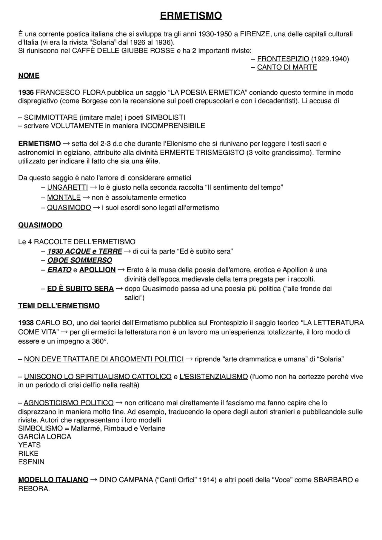 Movimento letterario Ermetismo - Docsity