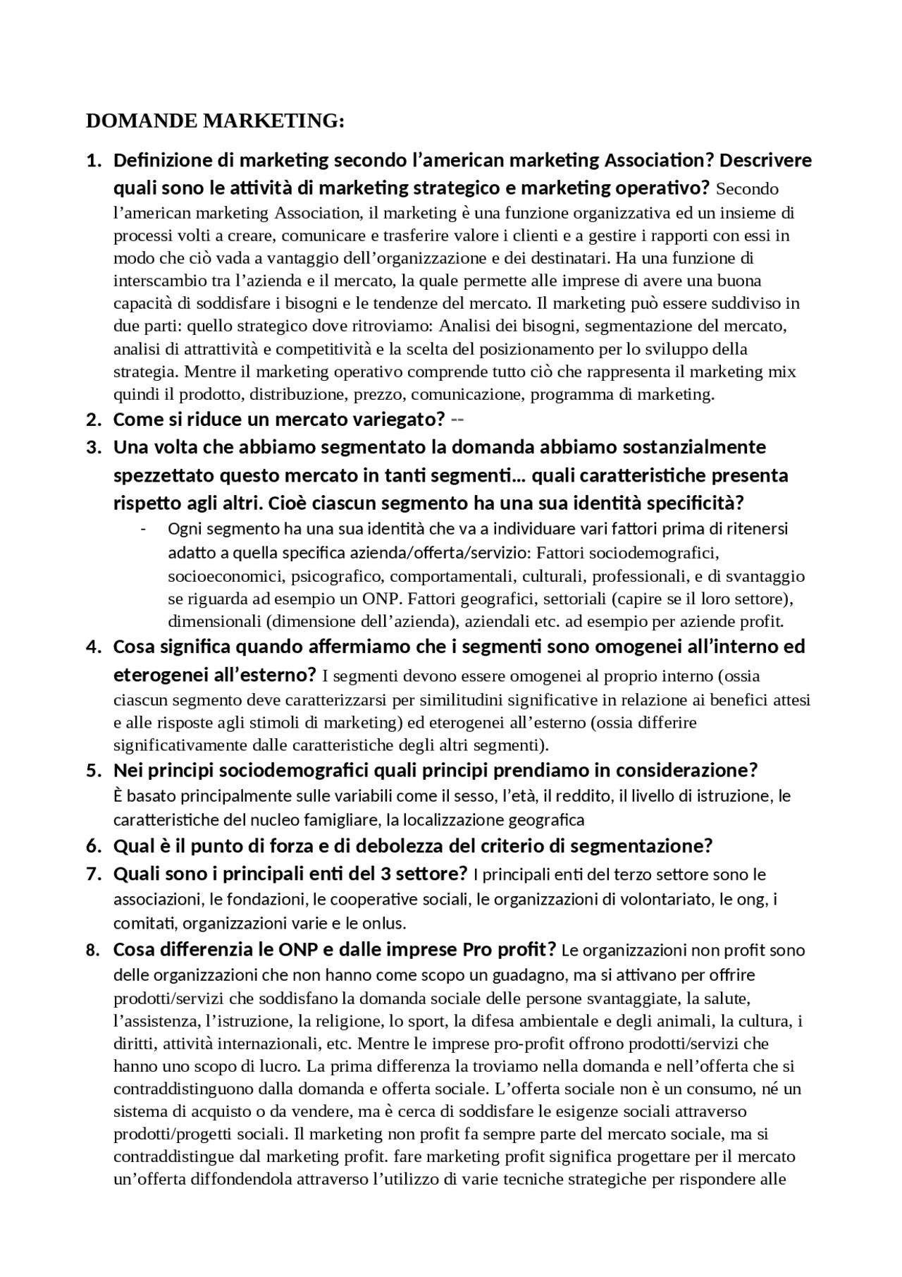 Domande Esame Di Marketing Prove Desame Di Marketing Docsity