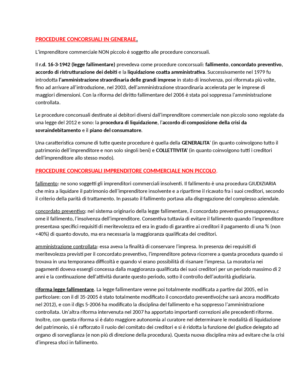 Riassunto Procedure Concorsuali Docsity