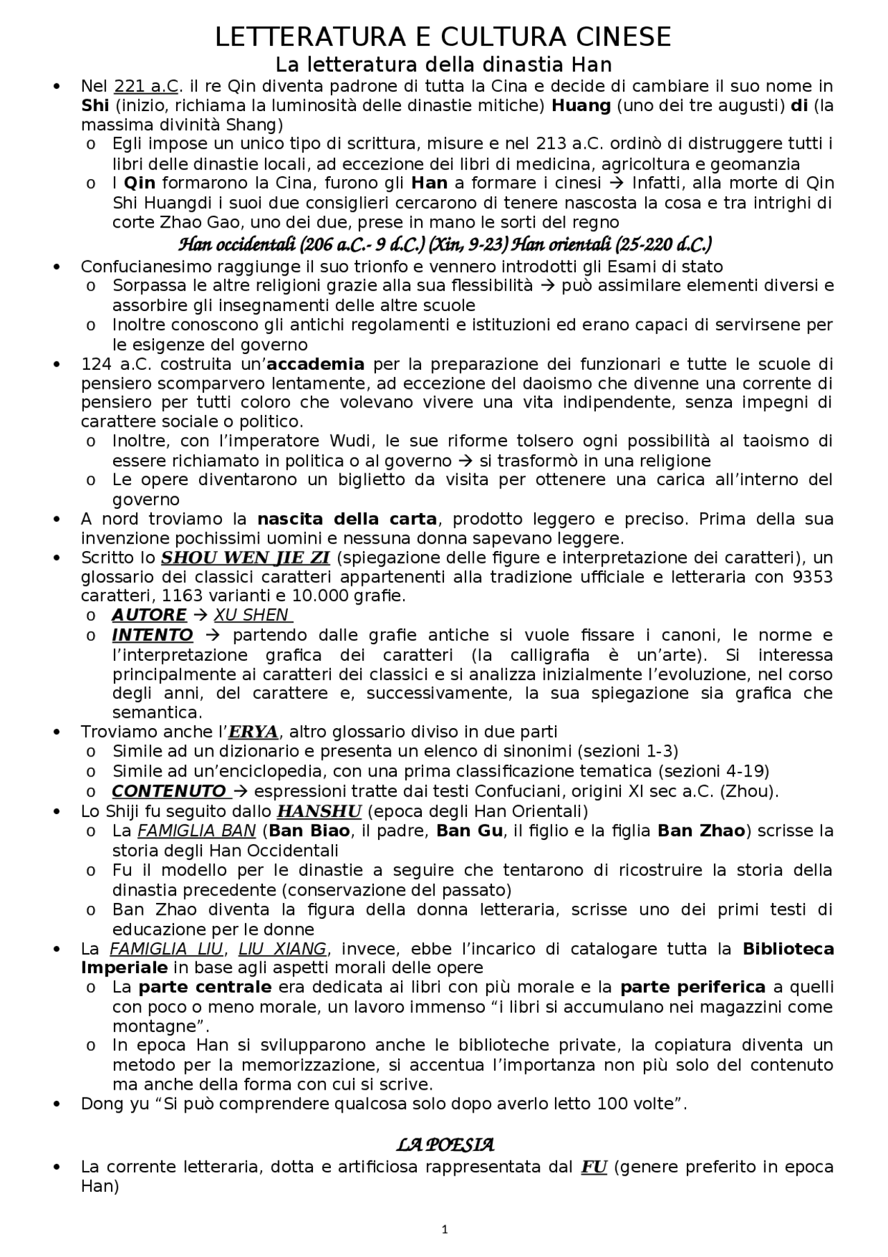 Letteratura Cinese Dinastia Han Docsity