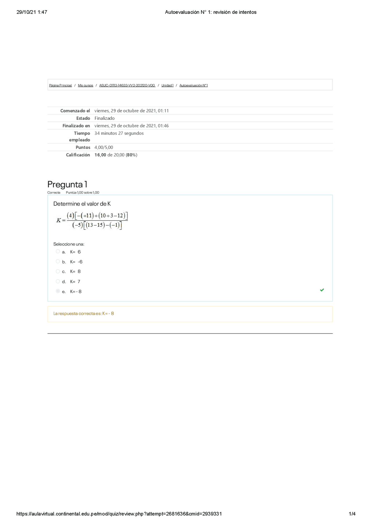 Autoevaluacion Del Curso De Matematicas Continental Docsity