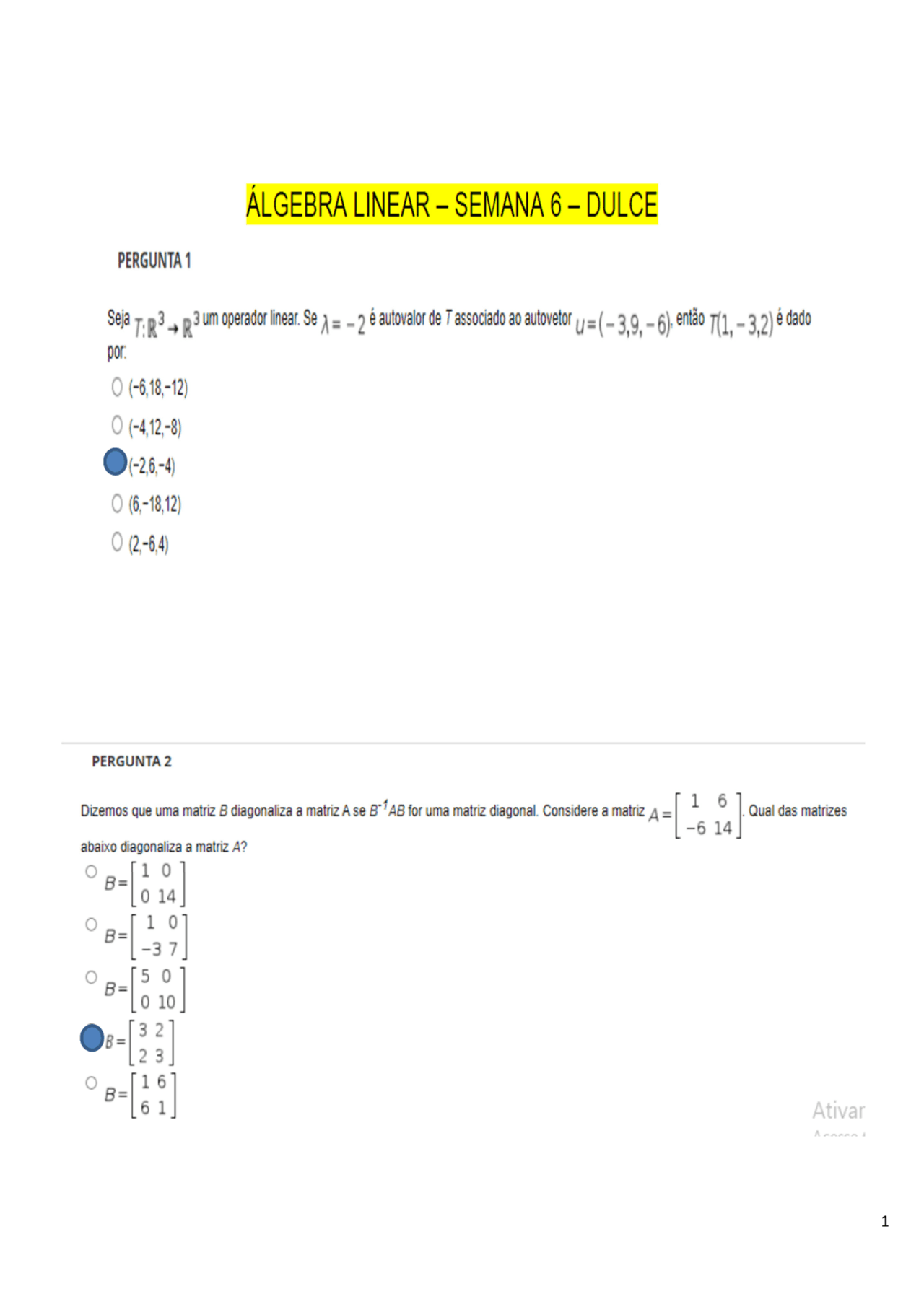 Algebra Linear Semana 6 | Exercícios Geometria Analítica e Álgebra Linear | Docsity