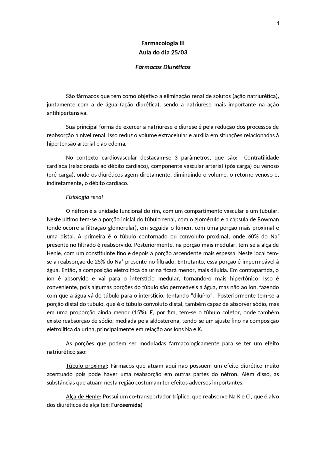 Fármacos Diuréticos1 Notas De Aula Farmacologia Docsity