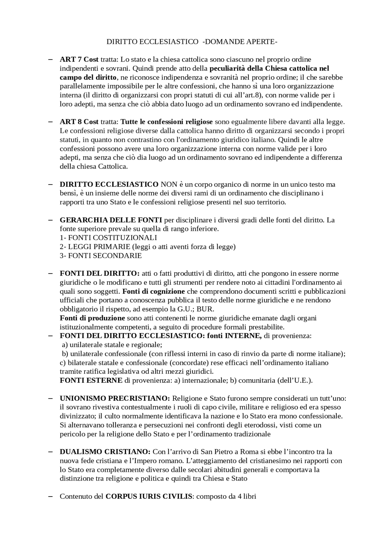 Paniere Ecampus Set Domande Aperte Con Risposte Diritto Ecclesiastico