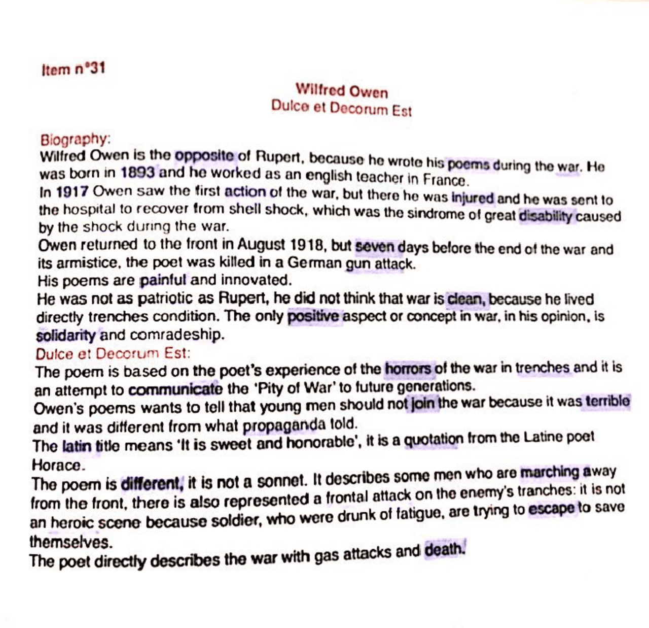 Dulce et decorum est - Wilfred Owen - Docsity