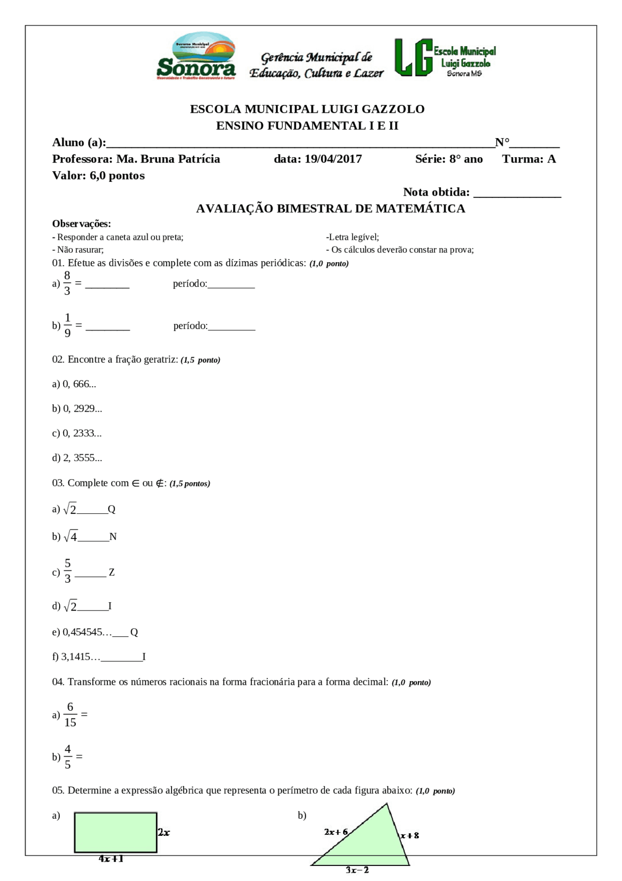 Avaliação De Matemática Docsity