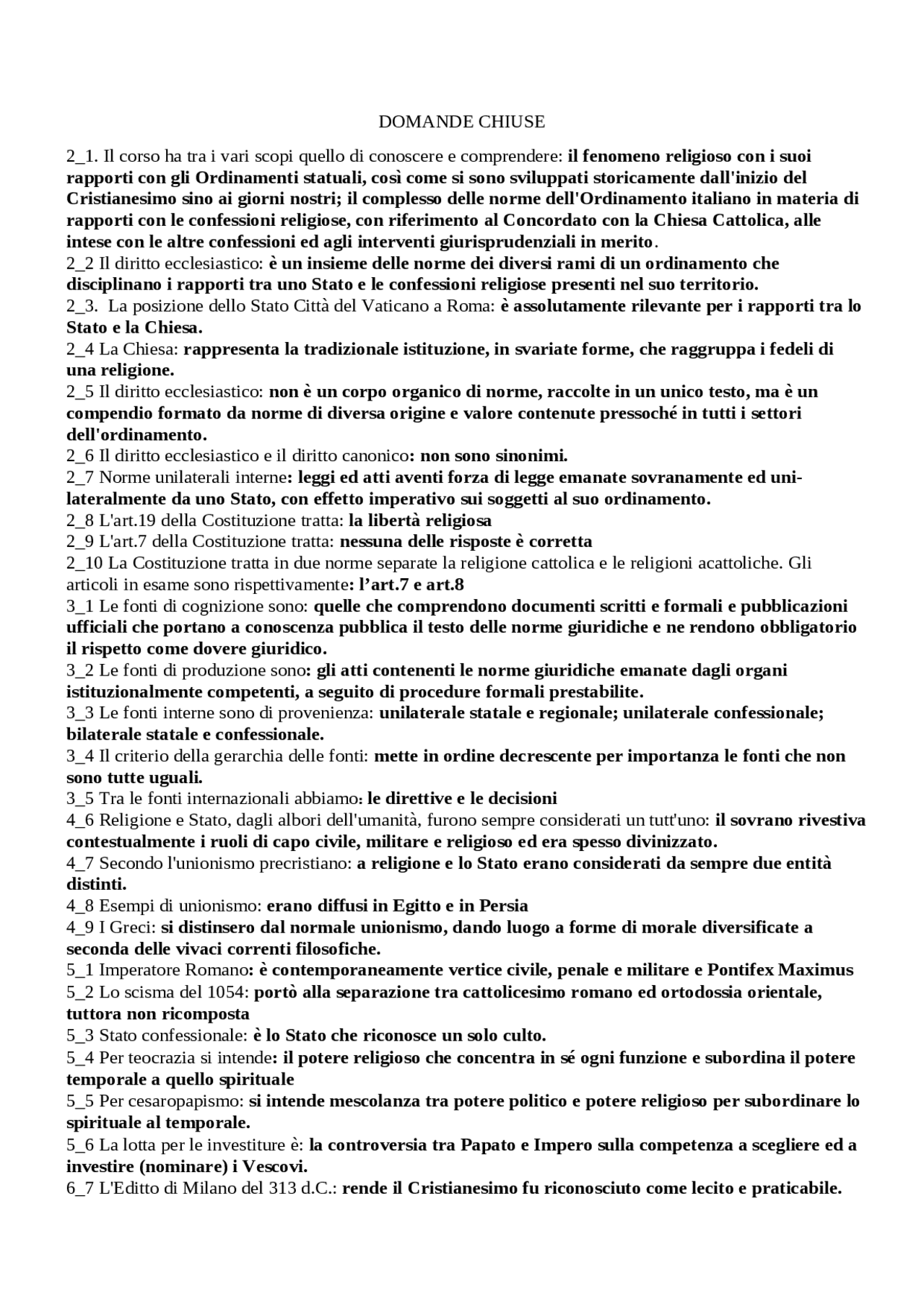 Paniere Ecampus Set Domande Chiuse Con Risposte Diritto Ecclesiastico