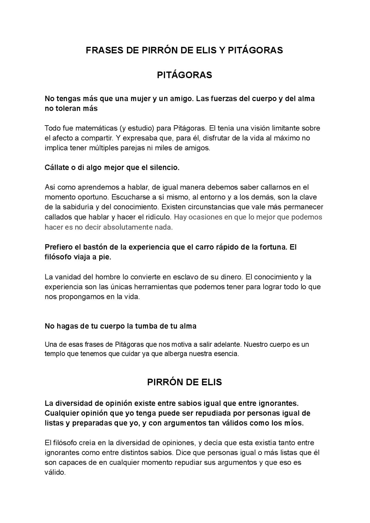 Pirron y pitagoras, analisis de frases - Docsity