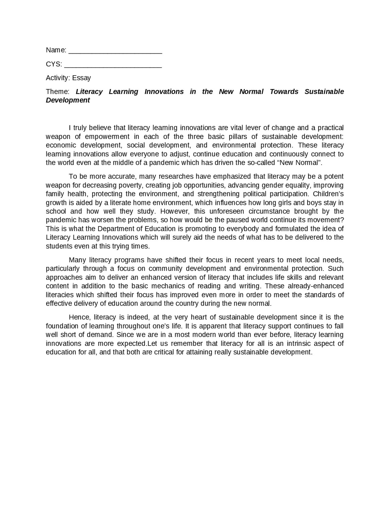 ESSAY FOR LITERACY LEARNING INNOVATIONS - Docsity