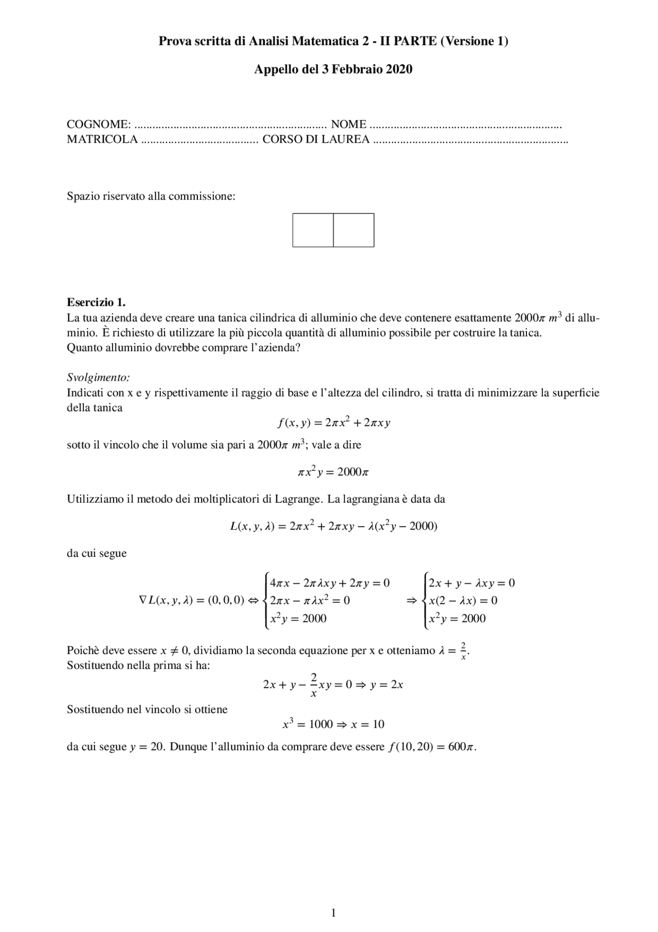 Appello 2019 2020 Analisi 2 Ingegneria Meccanica Civile Docsity