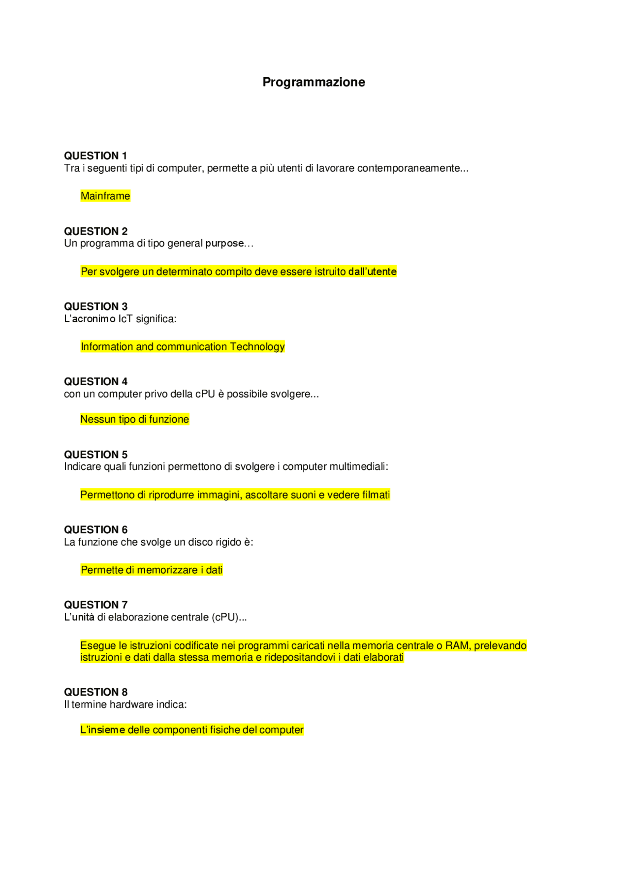 Risposte Complete Di Programmazione Prove Desame Di Programmazione E