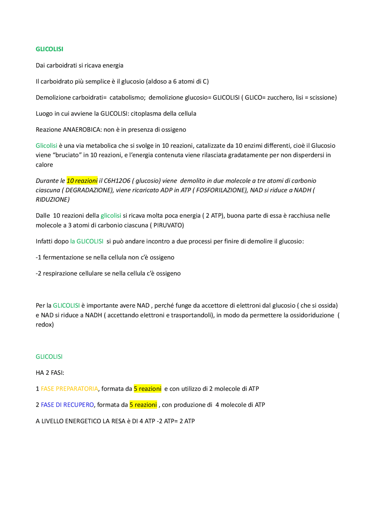 Appunti Sulla Glicolisi Docsity