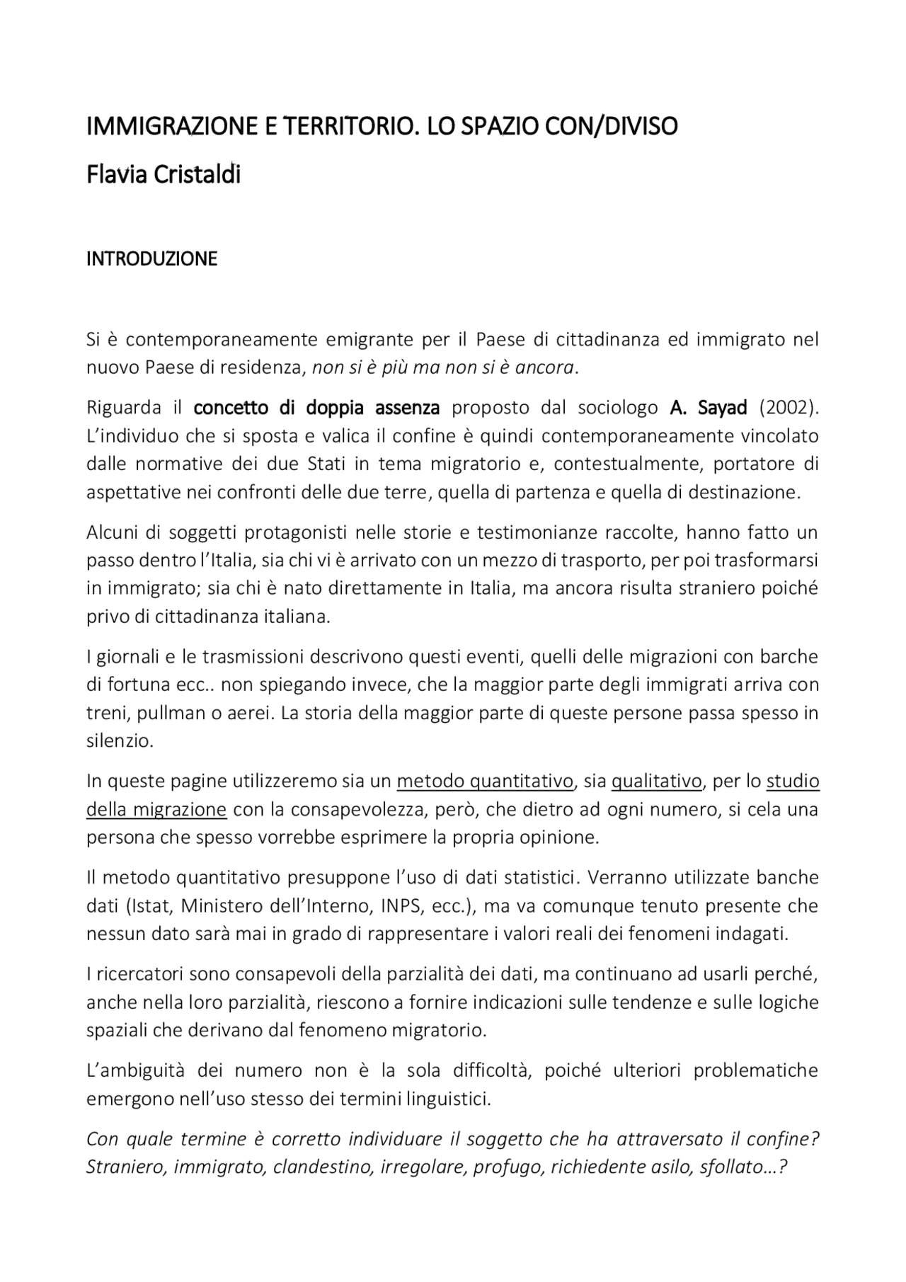 Migrazioni E Territorio Lo Spazio Condiviso Docsity