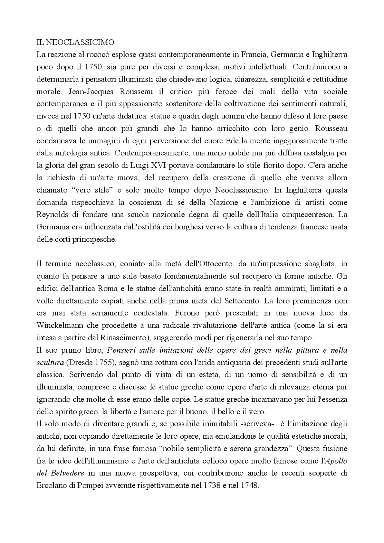 Neoclassicismo Prima Parte Docsity