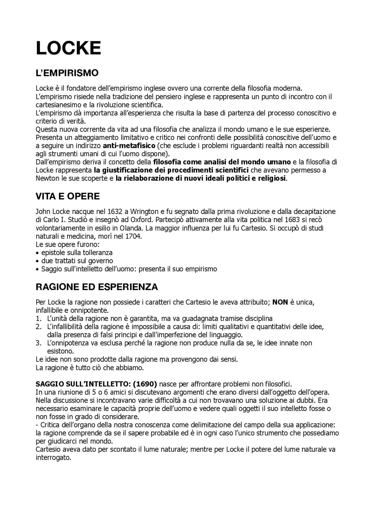 Riassunti Locke (filosofia moderna) - Docsity