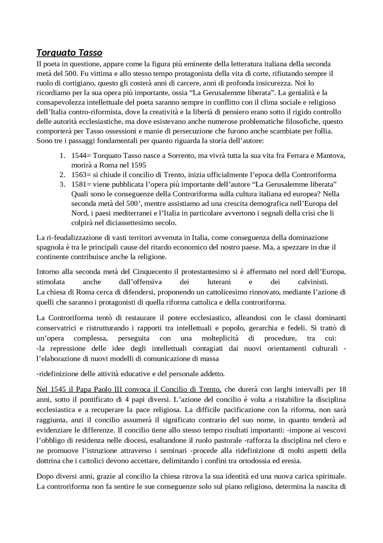 Torquato Tasso Lett Italiana Docsity