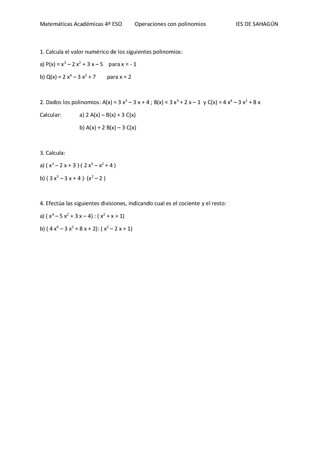 Ejercicios De Polinomios Docsity
