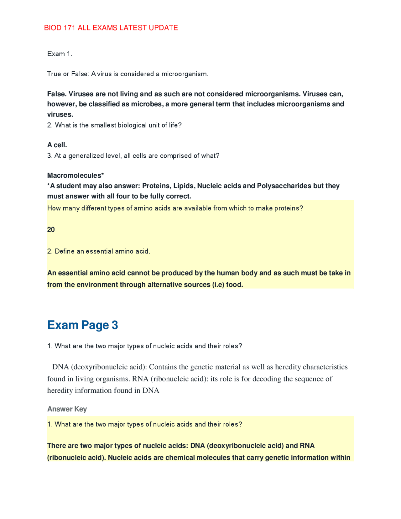 BIOD 171 ALL EXAMS LATEST UPDATE - Docsity