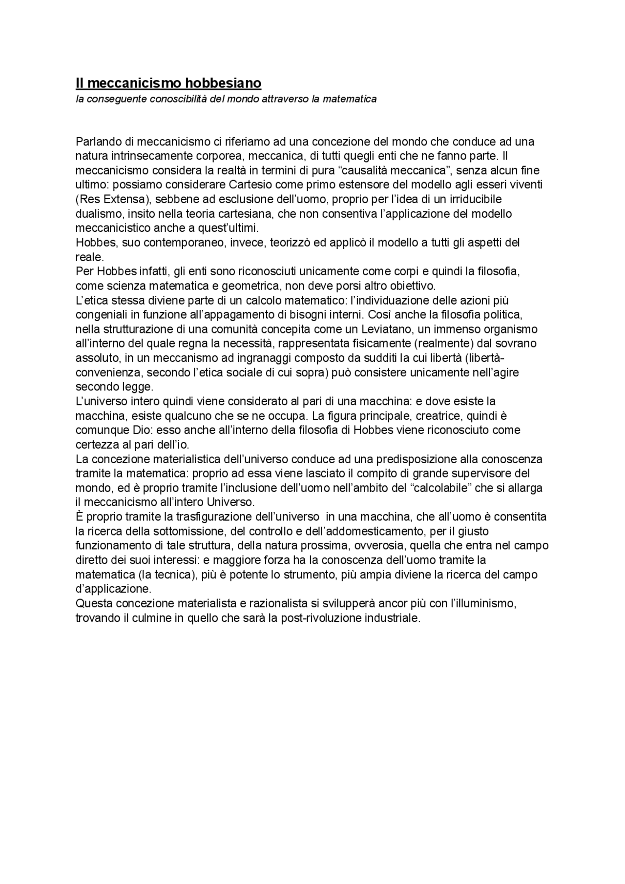 Il meccanicismo hobbesiano la conseguente conoscibilità del mondo ...