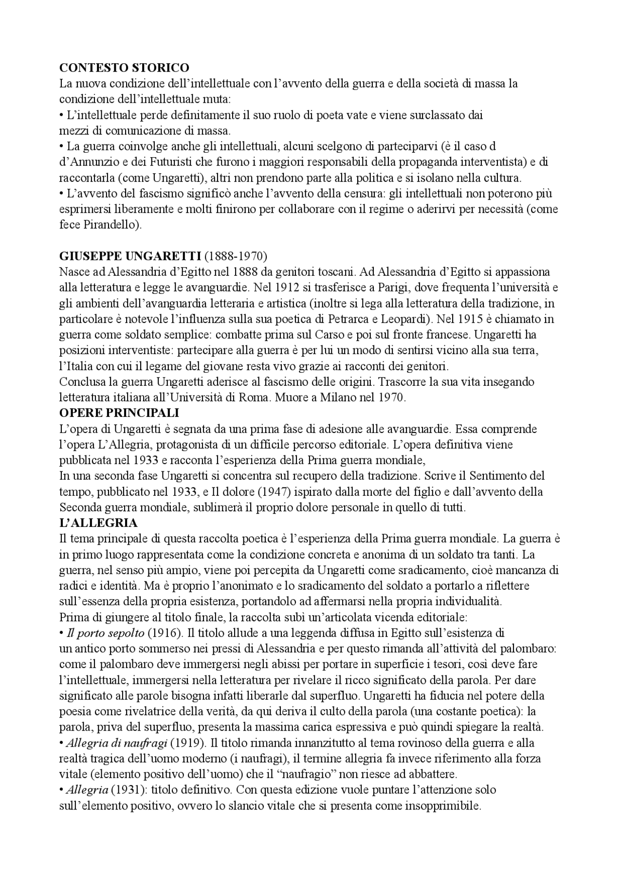 Giuseppe Ungaretti Vita E Opere Docsity