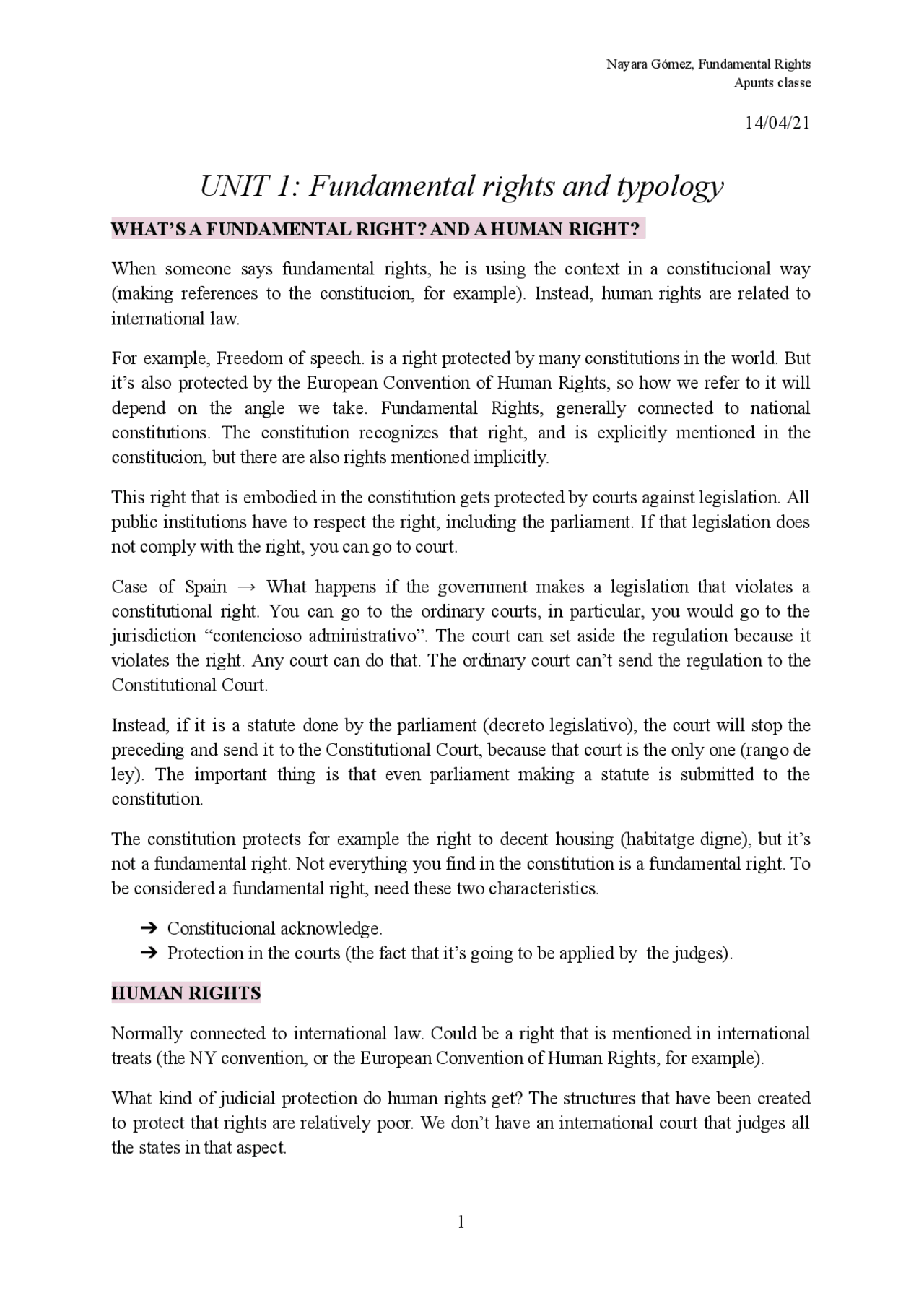 Fundamental Rights - VF - Apunts classe - Docsity