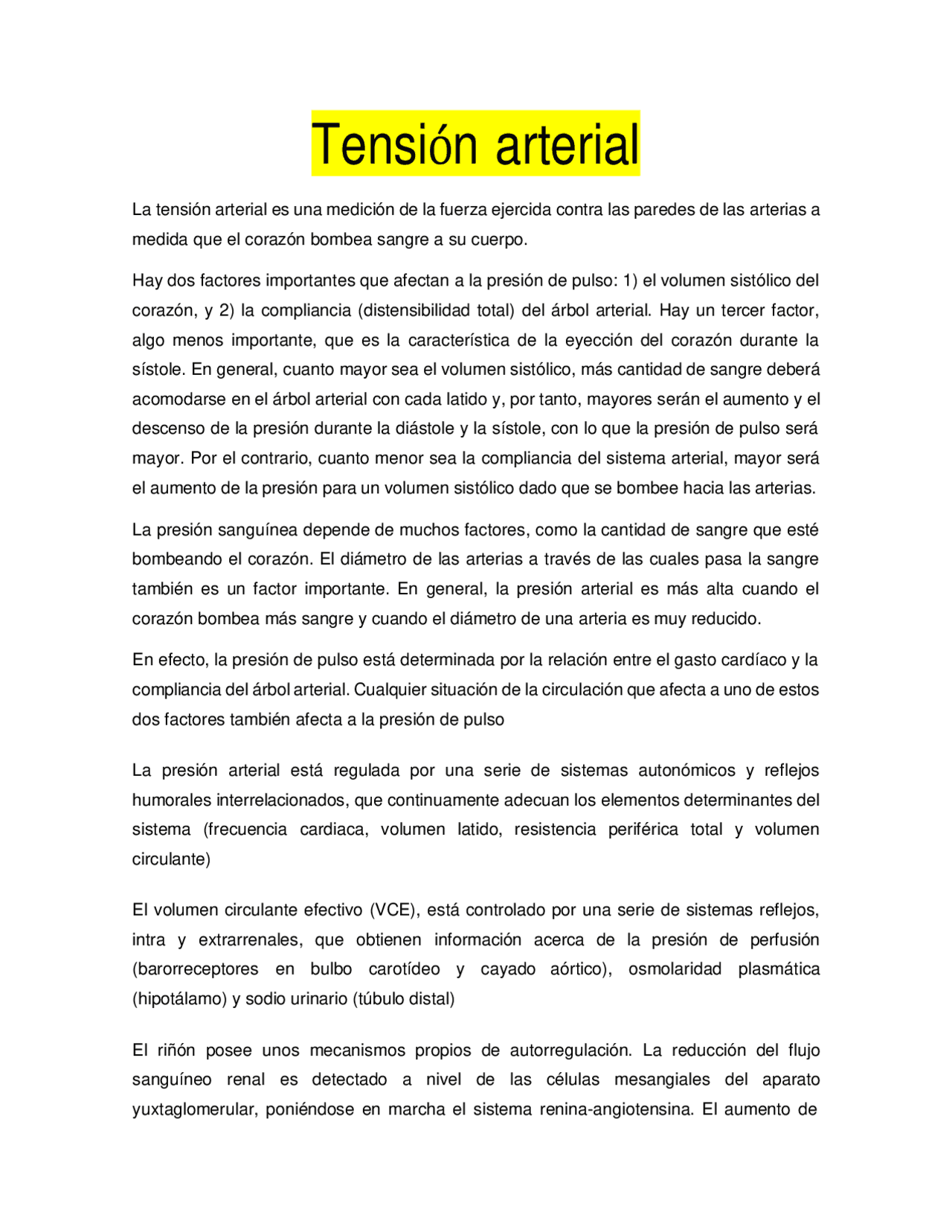 Resumen tension arterial de guyton - Docsity