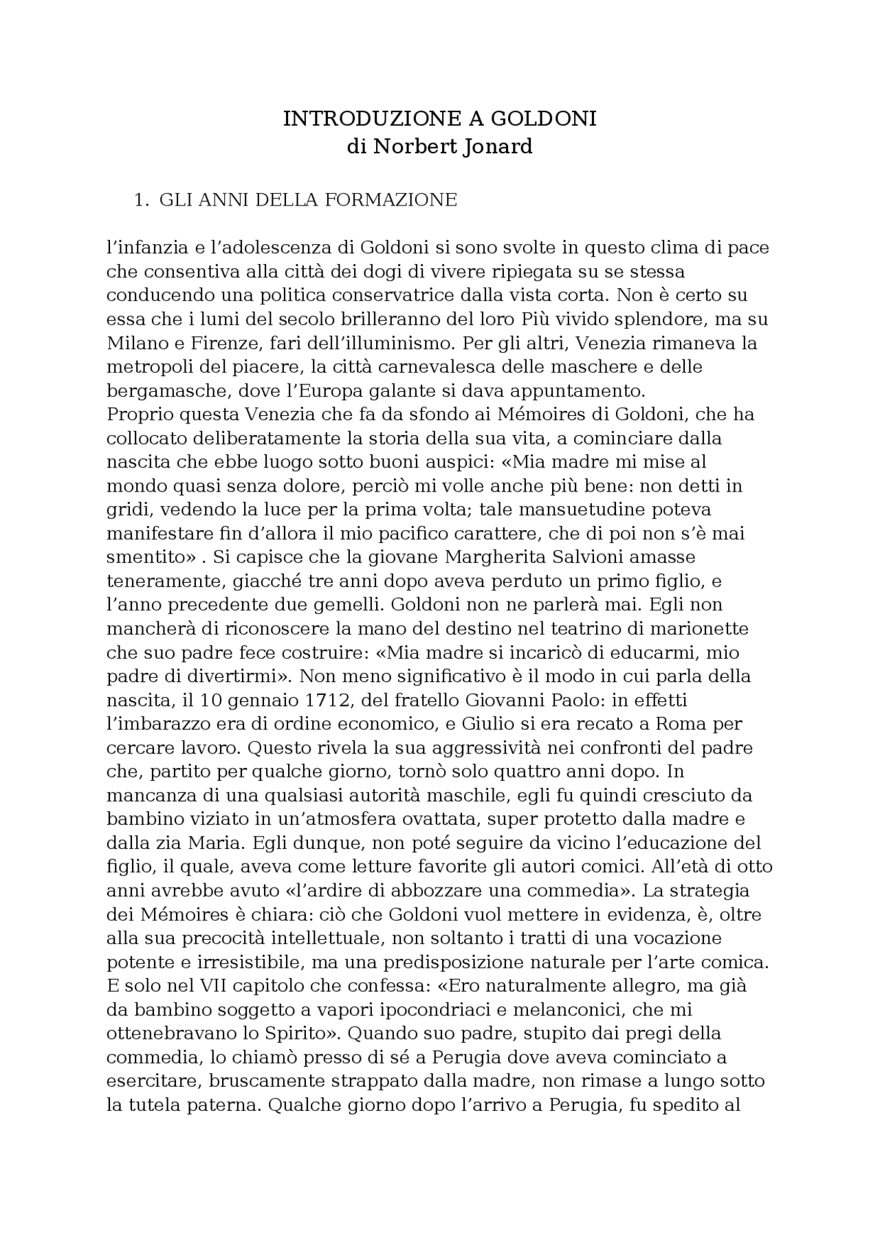 Riassunto Del Libro Introduzione A Goldoni Docsity