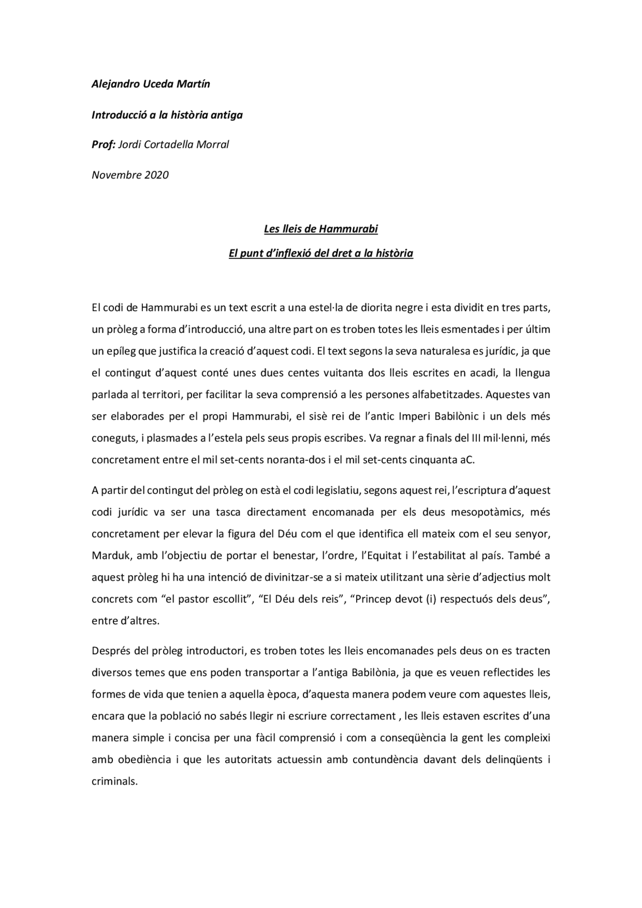 Treball sobre les lleis de Hammurabi | Ejercicios de Historia antigua | Docsity