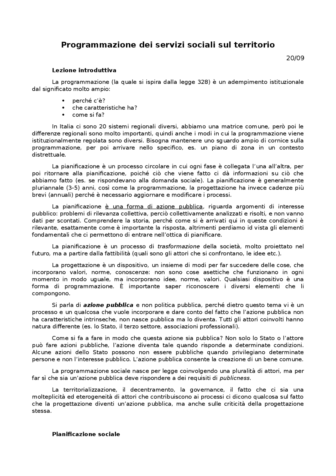 Appunti Di Programmazione Dei Servizi Sociali Sul Territorio Docsity