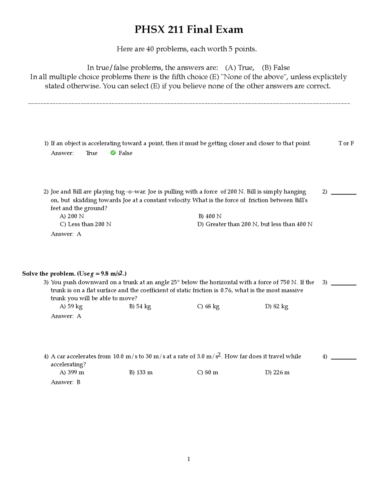 Physics 2A Final Exam (ellis) - Docsity