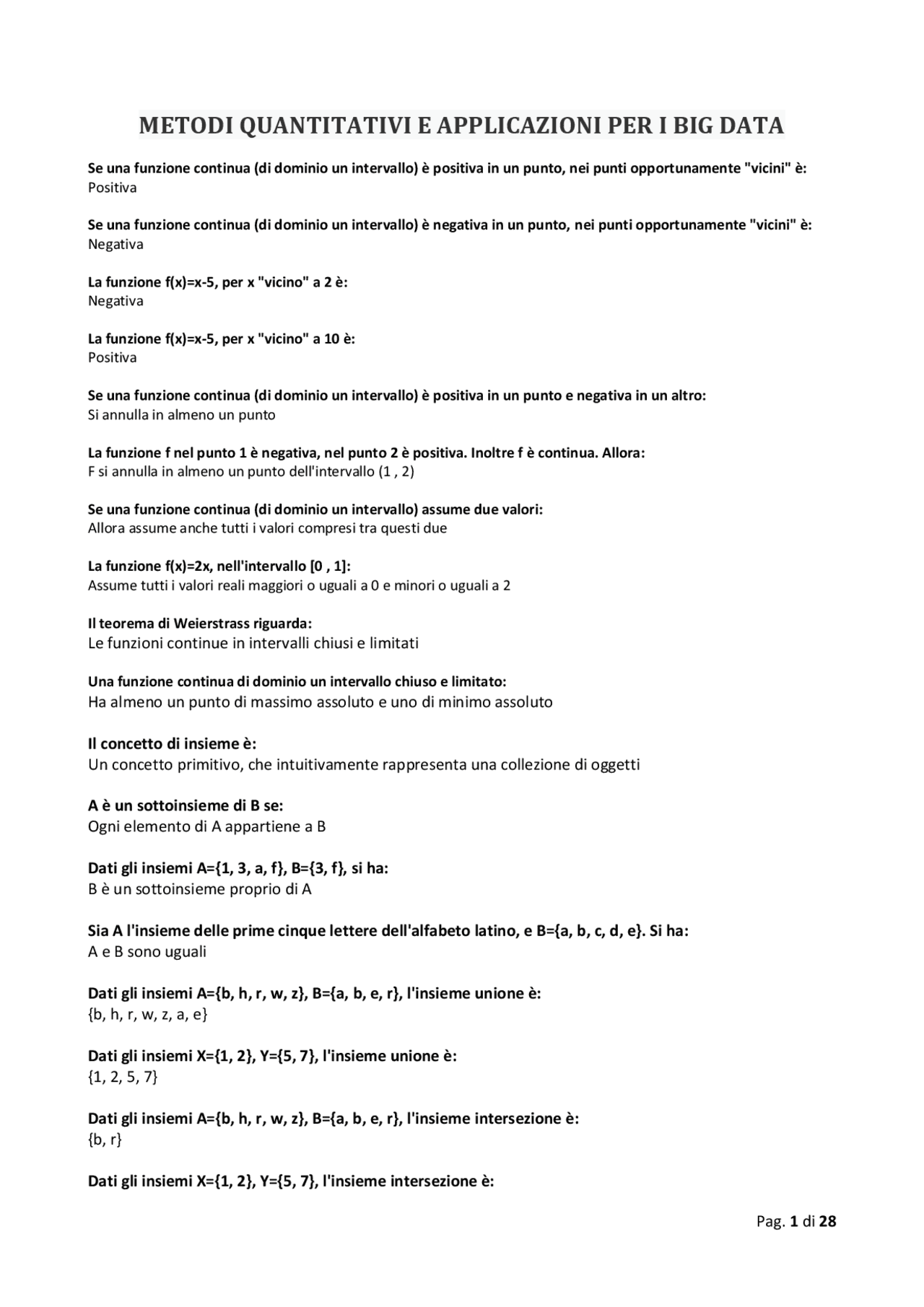 Metodi Quantitativi E Applicazioni Per I Big Data Docsity