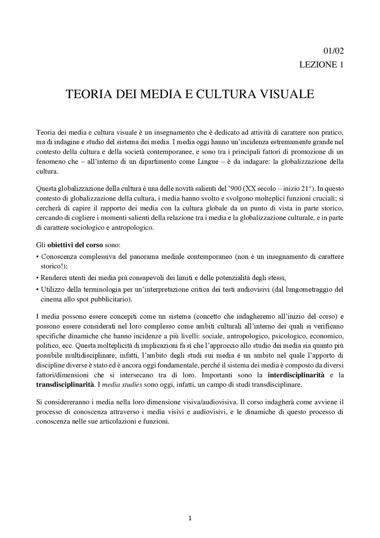 Sbobine Teorie Dei Media E Cultura Visuale Docsity
