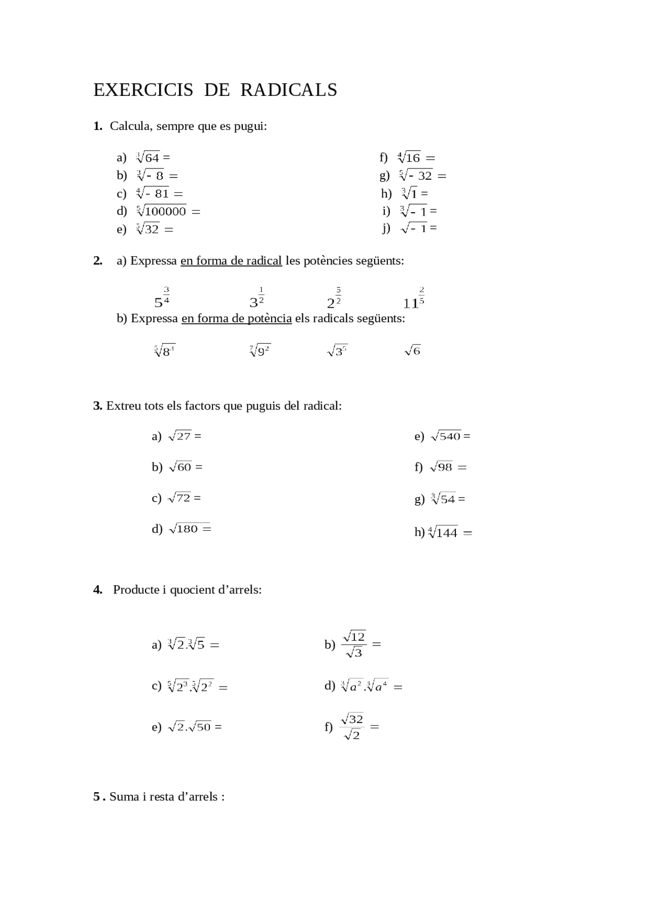Radicales para practicar 1ro bachillerato - Docsity
