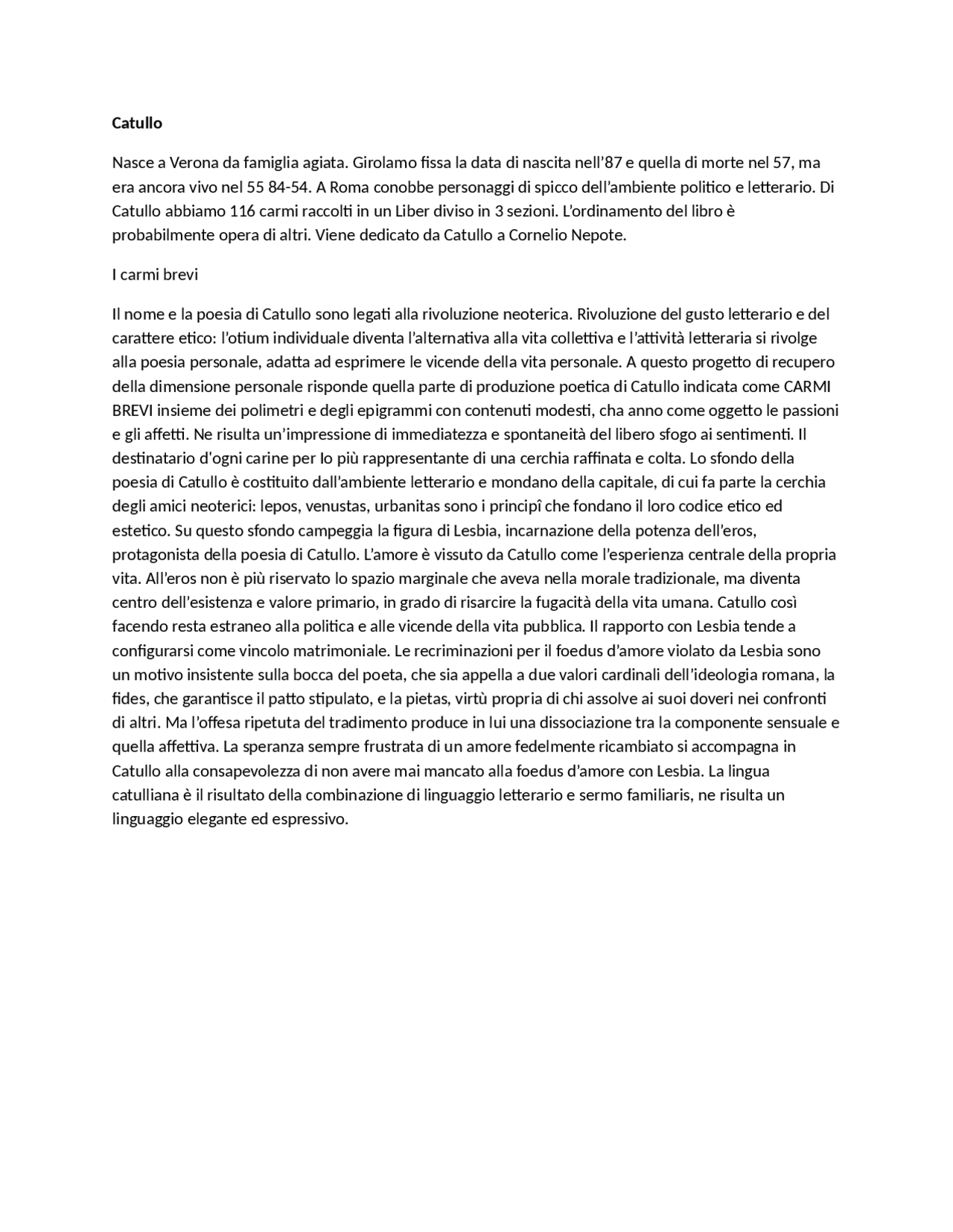 Riassunto Dellautore Latino Catullo Docsity