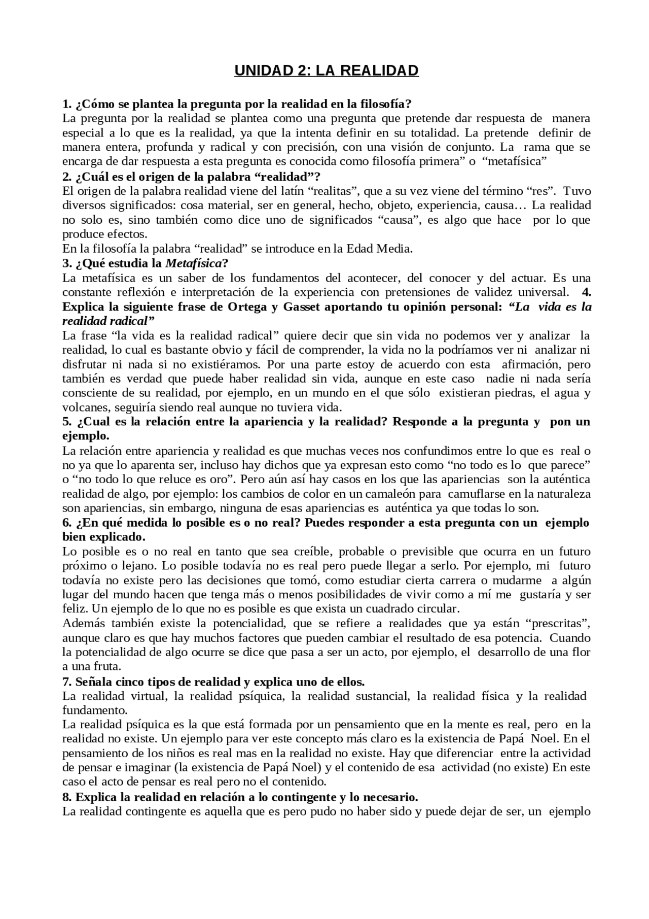 "LA REALIDAD" - FILOSOFÍA | Resúmenes de Filosofía | Docsity