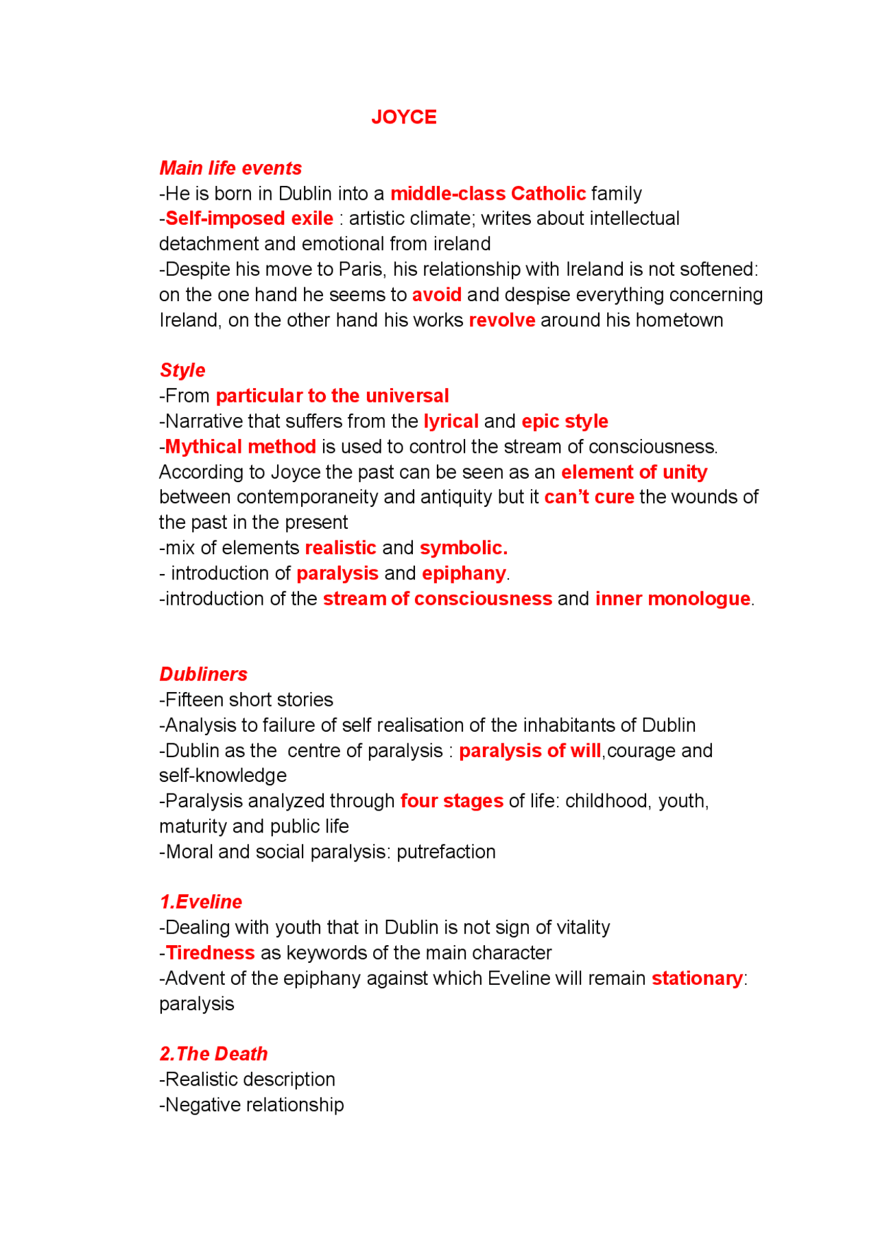 Schema Su Joyce E Le Sue Opere Docsity
