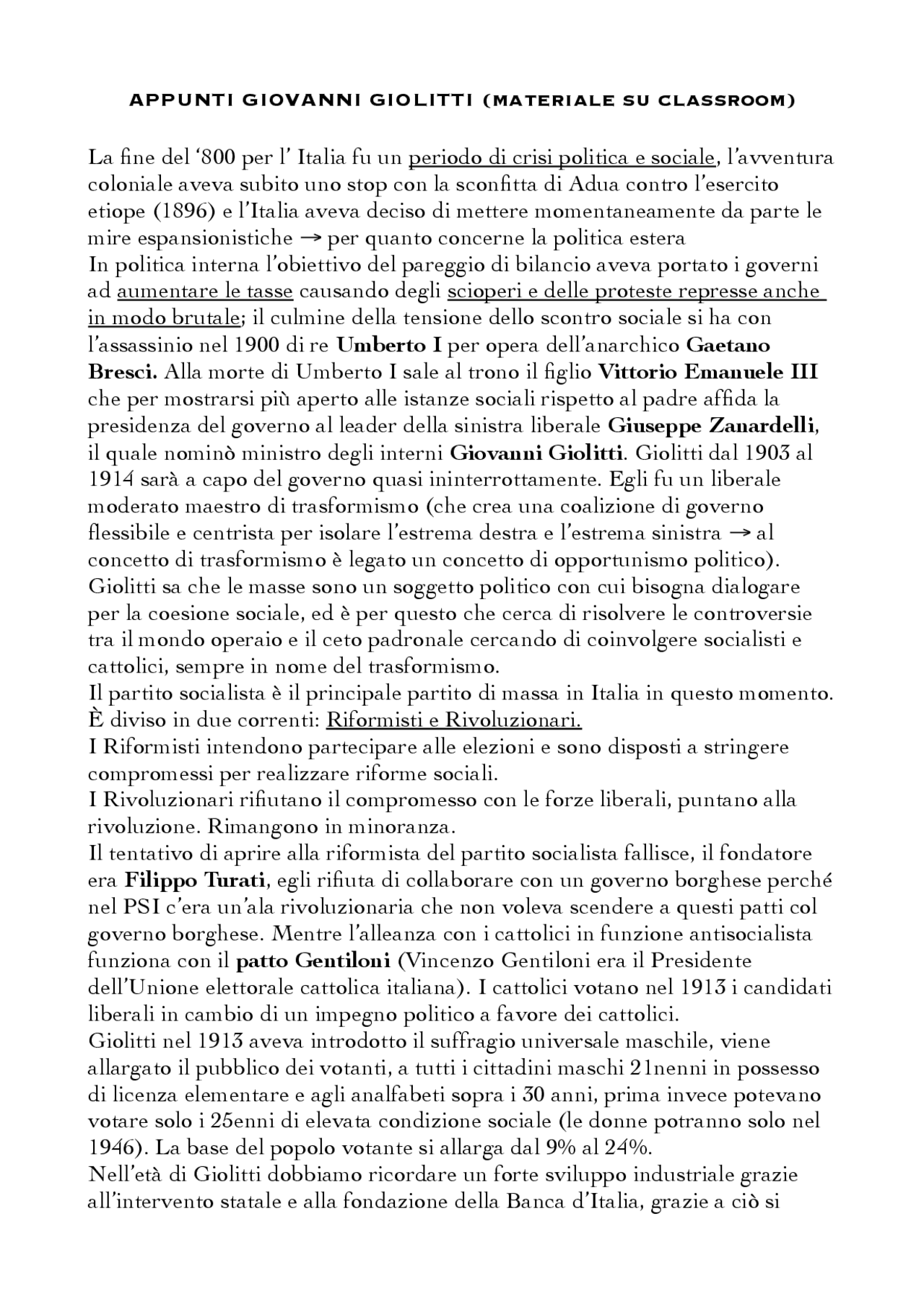 Breve Analisi Storia Giolitti Docsity