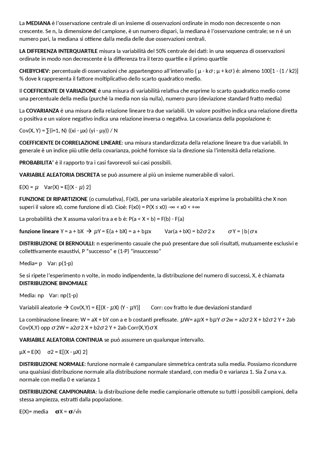 Sintesi Statistica Unifi Docsity