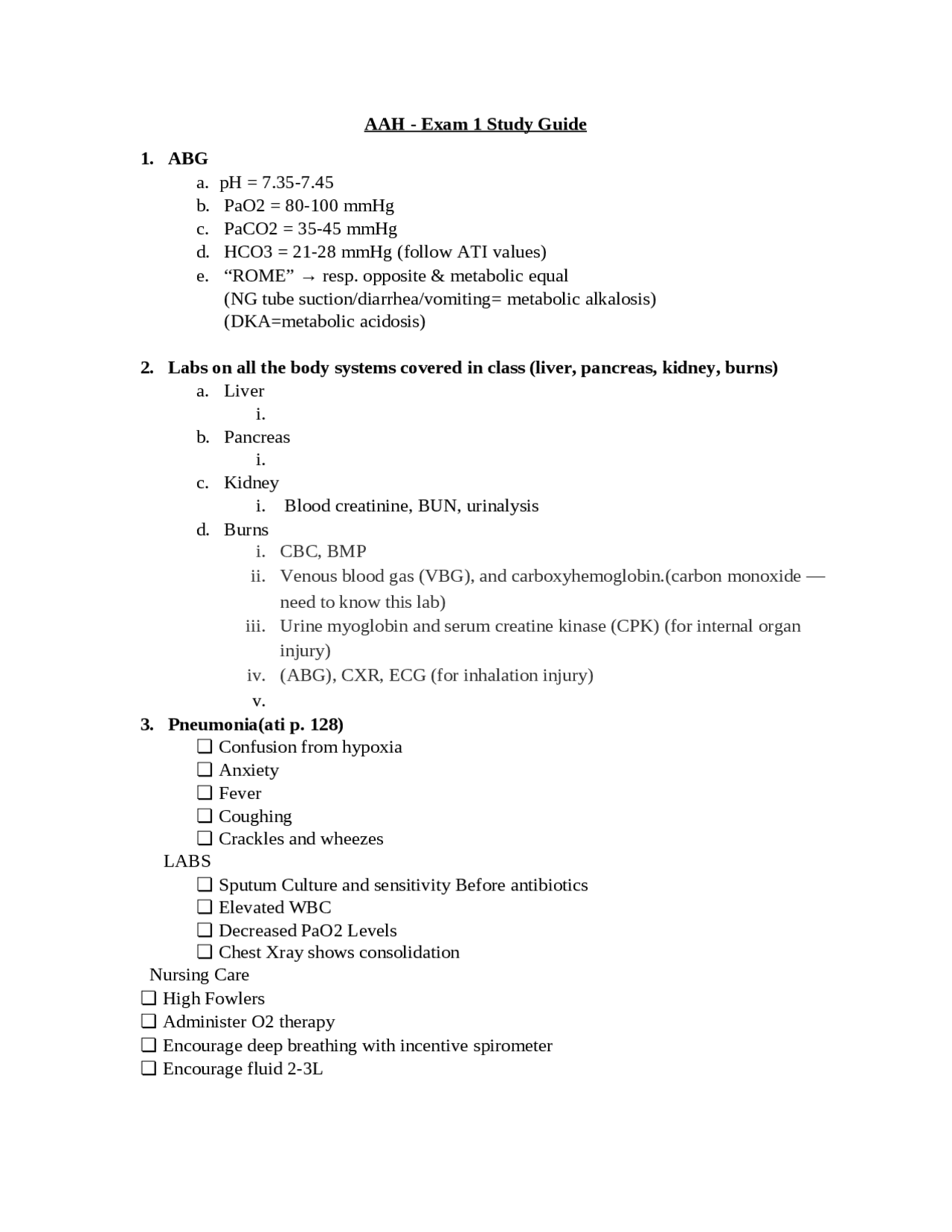 AAH Exam 1 Study Guide - Docsity