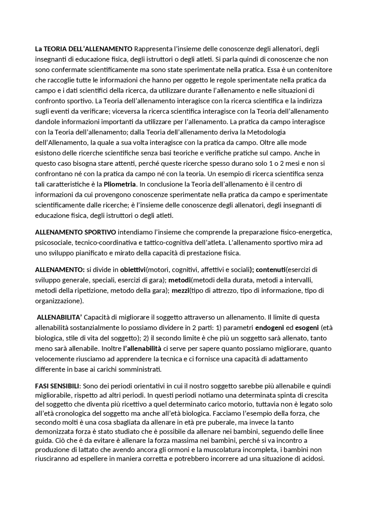 Appunti Teoria Dellallenamento Scienze Motorie Docsity
