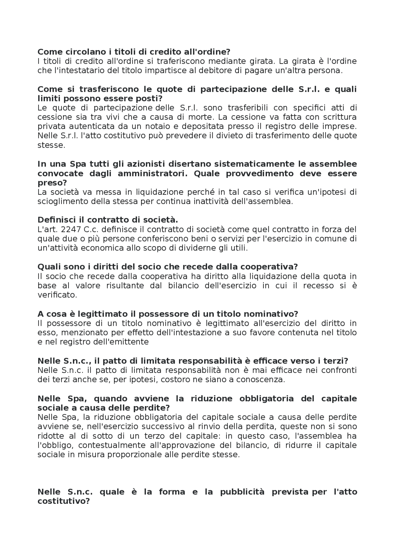 Domande di ripasso Diritto commerciale - Docsity