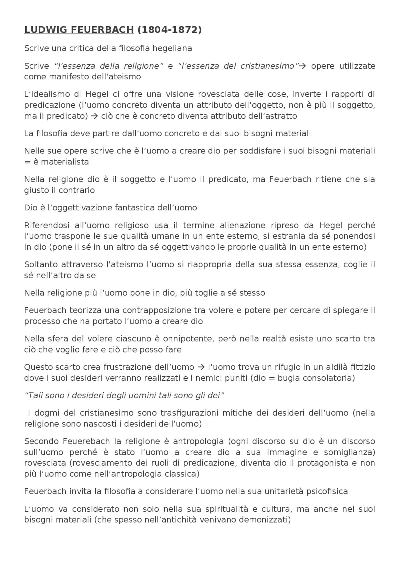 Appunti Sul Pensiero Filosofico Di Feuerbach Docsity