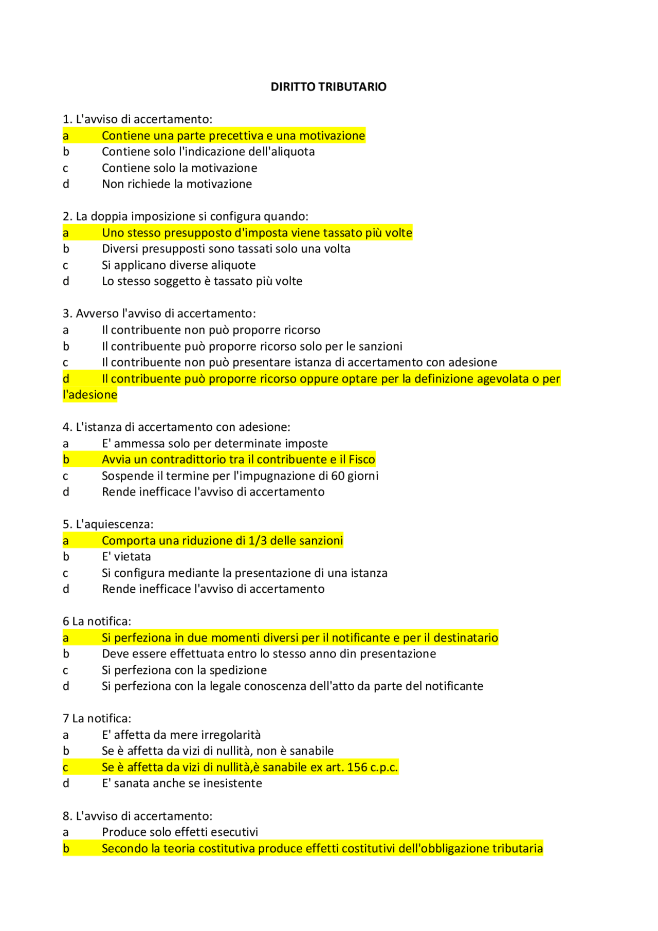 Domande per esame di diritto tributario università Pegaso - Docsity